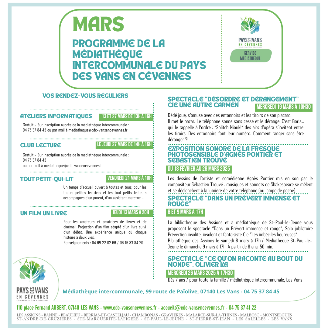 Programme de mars 2025 de la médiathèque intercommunale